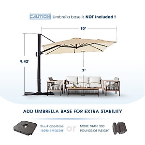 BLUU REDWOOD 10 FT Square Patio Umbrella Offset Cantilever Outdoor Umbrella Aluminum Market Hanging Umbrellas with 360° Rotation Device and Unlimited Tilting System & Cross Base (Beige)
