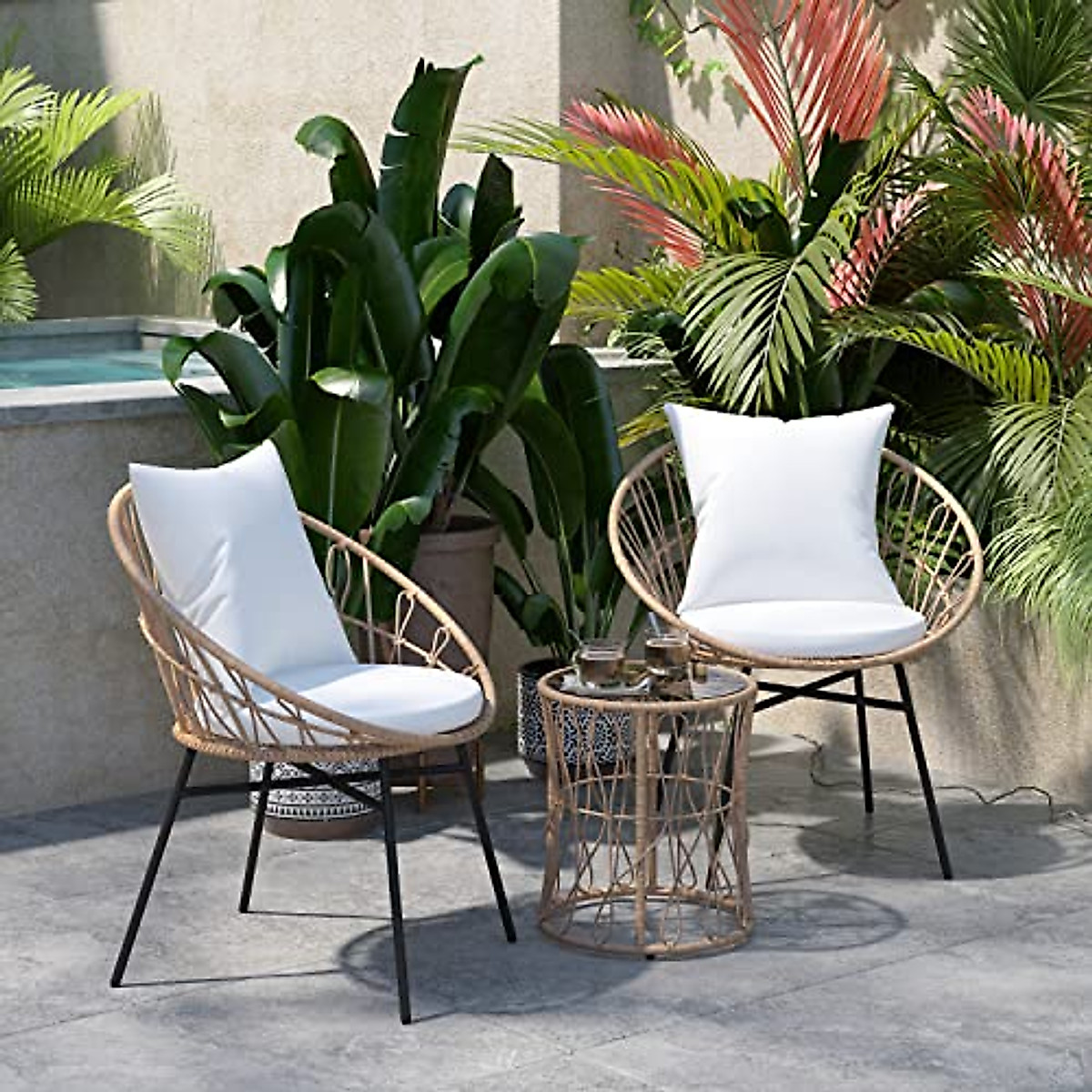 Flash Furniture Devon Indoor/Outdoor Bistro Set - Tan Finish Rattan Rope Papasan Style Chairs and Glass Top Side Table - Light Gray Back and Seat Cushions, 15.75x15.75x25, 3-Piece