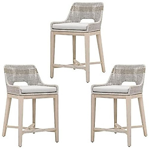 Home Square 3 Piece Upholstered Patio Counter Stool Set in Taupe and White