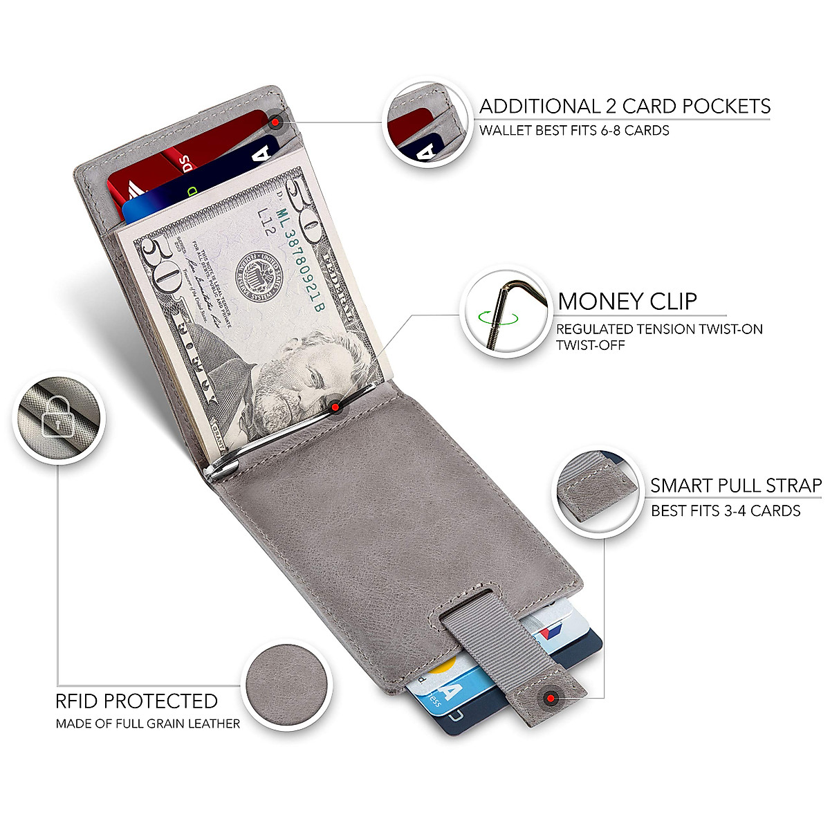 SERMAN BRANDS RFID Blocking Slim Bifold Genuine Leather Minimalist Front Pocket Wallets for Men with Money Clip Thin Gift (Slate Gray 1.S)