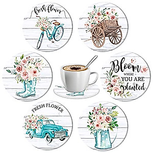 Whaline Spring Coasters 6 Pack Rustic Farmhouse Drink Coaster Truck Floral Flower Ceramic Coaster Cup Mat for Mugs Cups Home Kitchen Party Supplies, 4.1 x 0.3 Inch