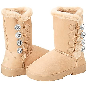 bebe Girl's Fur Lined Winter Boot with Rhinestone Details (Toddler/Little Girl/Big Girl), Size 2 Little Kid, Tan