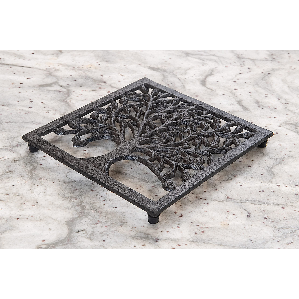 GASARÉ, Cast Iron Trivet for Hot Dishes, Pots, and Pans, Metal Trivet, Family Tree Design, Rubber Feet Caps, Ring Hanger, 8 Inches, Brown, 1 Unit