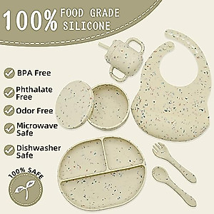 SILI FACTORY Silicone Baby Feeding Set - Suction Bowl with Lid Toddler Plates,Adjustable Bib Sippy Cup Spoons Forks -Baby Led Weaning Supplies,Baby Plates and Bowls Set for 6+ Months