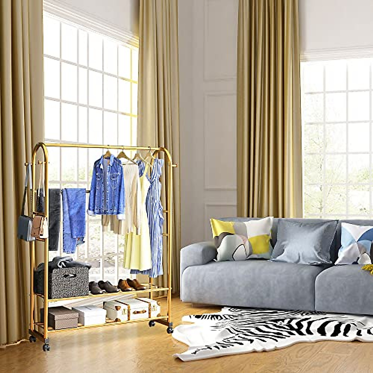 DSIOHFEI Metal Garment Rack Clothing Hanging Rack Free Standing Clothing Hanger with Top Rod,Lower Storage Shelves for Home Bedroom Laundry (Golden)