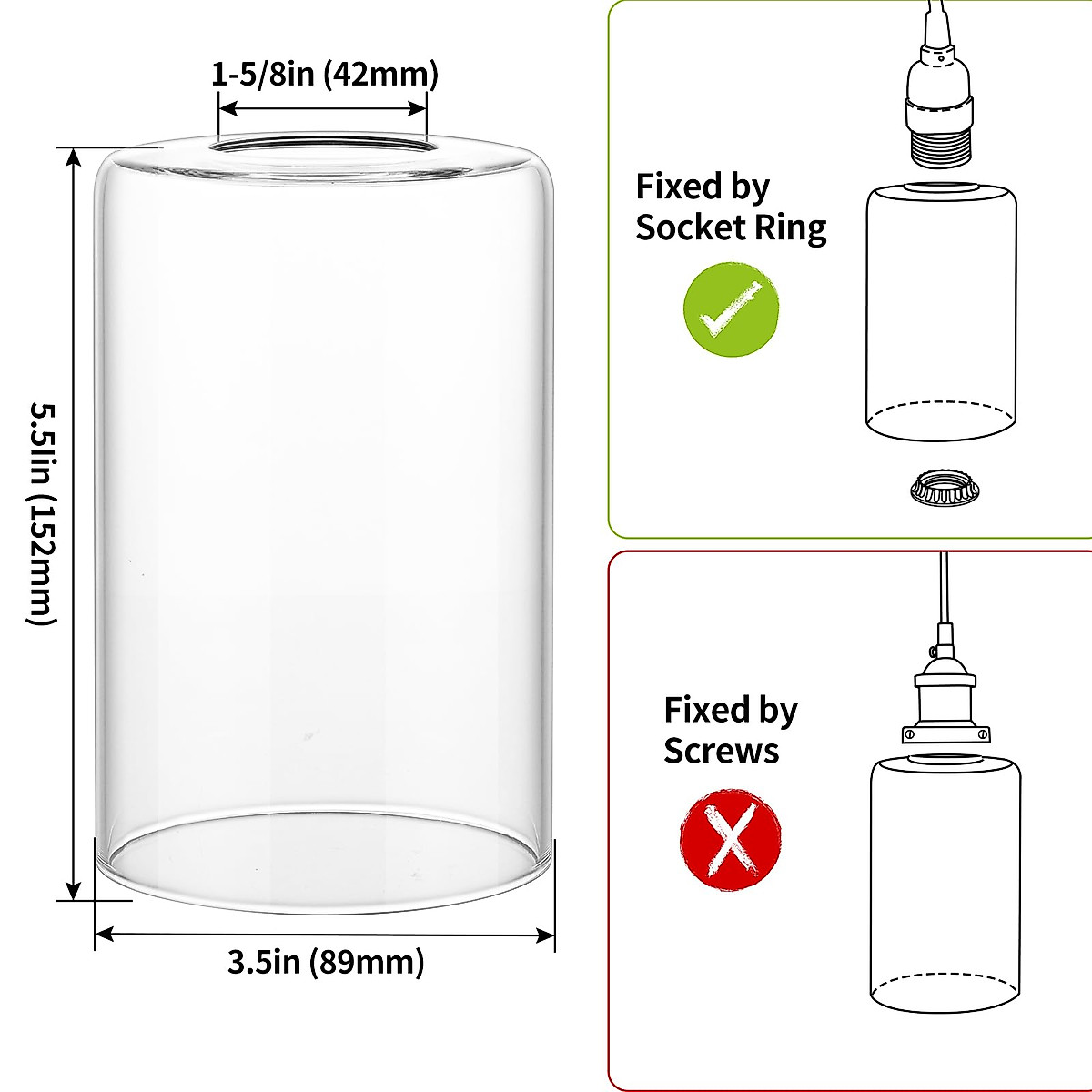 Skelang 2 Pcs Clear Glass Shade, Cylinder Glass Lamp Shade with 1-5/8" Fitter, Lampshade Replacement for Lighting Fixture, Chandelier, Table Lamps, Wall Lamp