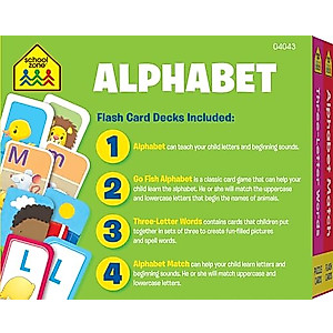 School Zone - Alphabet 4-Pack Flash Cards - Ages 3+, Preschool, Kindergarten, Go Fish Alphabet, Three-Letter Words, Alphabet Match, Lowercase & Uppercase Letters, Letter-Picture Recognition, and More