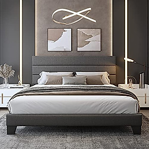 WEEWAY King Bed Frame Platform Bed with Linen Fabric Upholstered Headboard and Wooden Slats Support, Heavy Duty Mattress Foundation, No Box Spring Needed, Easy Assembly, Dark Grey