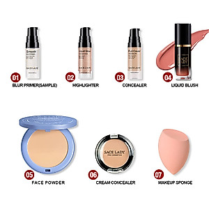 SACE LADY Full Face Makeup Set for Women Full Kit, Primer, Full Cover Up Concealer Corrector for Eye Circles, Oil Control Powder, Highlighter Glow & Blush, Sponge, Flawless Lasting Cosmetics Kit 7Pcs