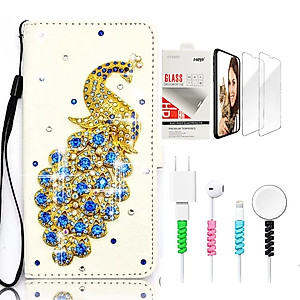 STENES Bling Wallet Phone Case Compatible with Samsung Galaxy S23 - Stylish - 3D Handmade Peacock Design Leather Cover with Screen Protector & Cable Protector - Blue