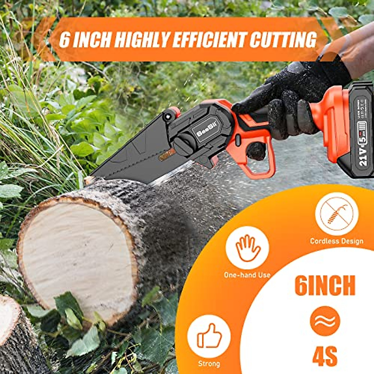 Mini Chainsaw 6 Inch Cordless, Seesii Battery Powered Chain Saw,Small Portable Handheld Electric Power Chain Saws with 2 * 2.0Ah Batteries & Safety Lock for Tree Trimming Wood Cutting