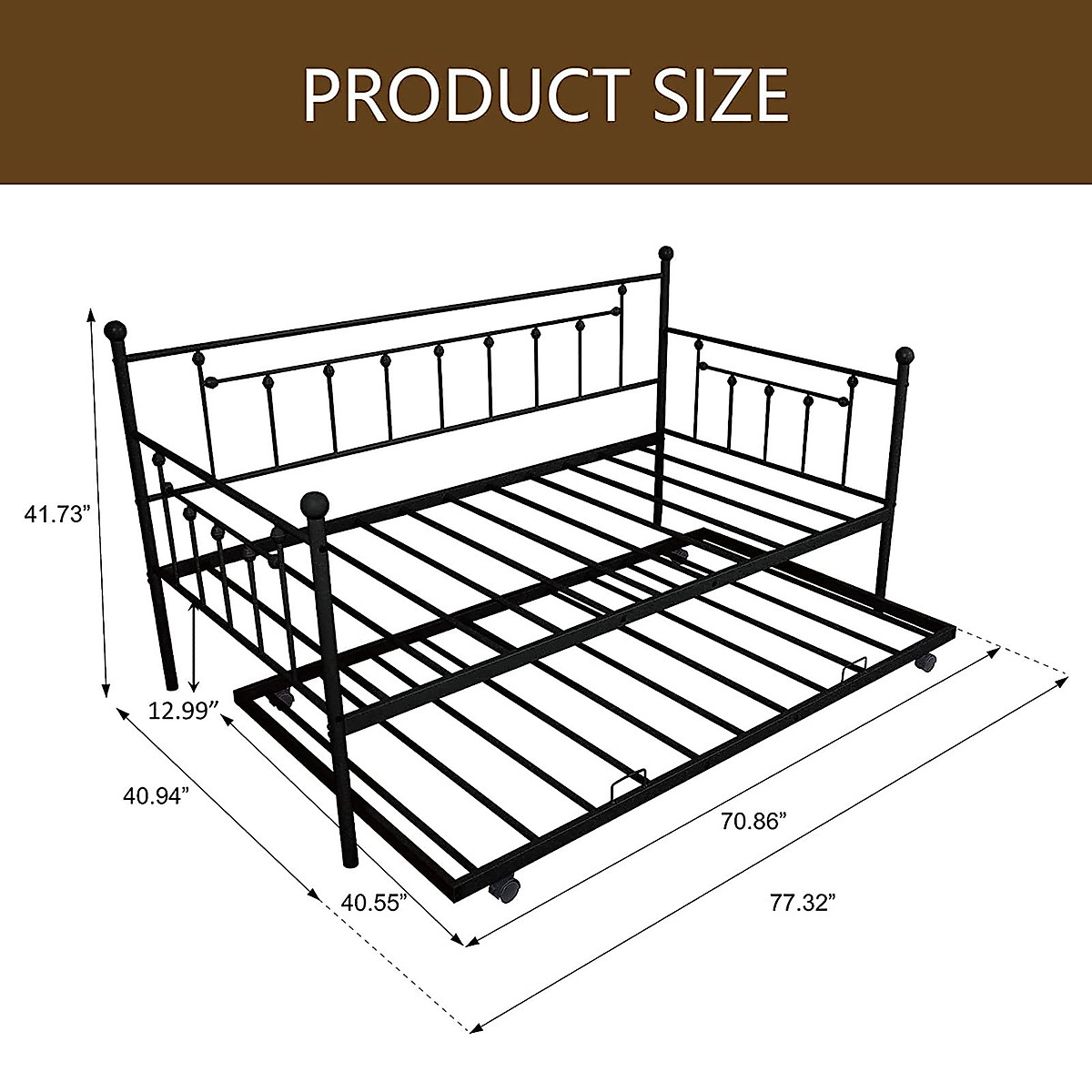 CALABASH Twin Size Daybed and Trundle Frame Set, Metal Frame with Pull Out Trundle for Teens Kids Adults for Living Room Bedroom Room (Black)