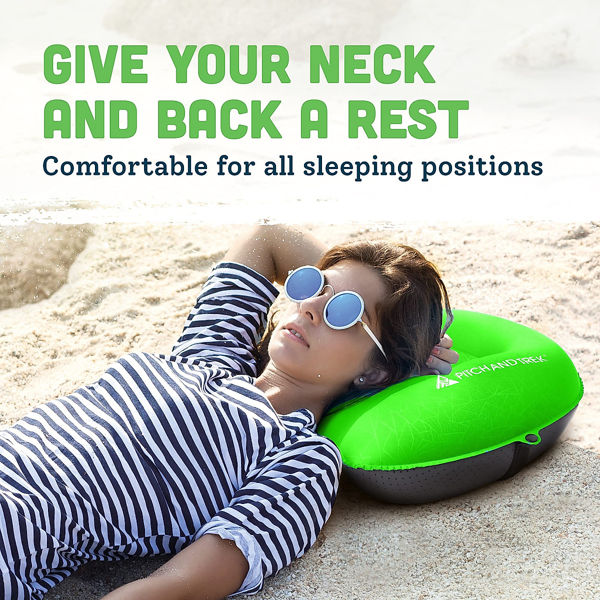 Pitch and Trek Camping Pillow with Removable Cover, Ultralight Portable Compact Inflatable Pillow for Neck Lumbar Support, Compressible Pillow for Hiking, Beach, Hammock, and Backpacking Gear