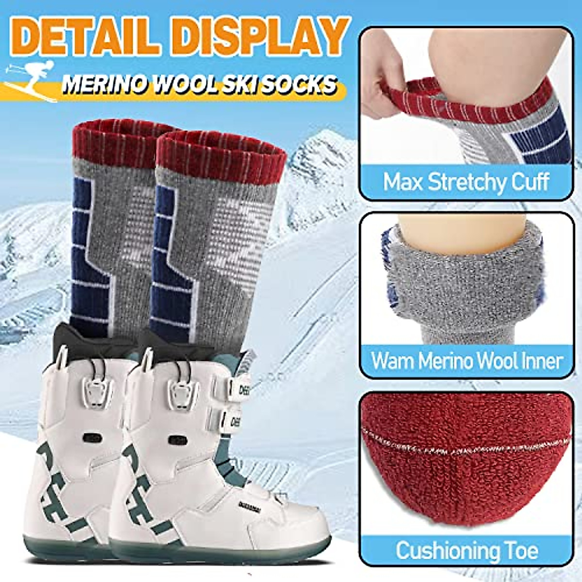 Anlisim Kids Merino Wool Ski Socks for Girls Boys Teen Thermal Winter Warm Thick Hiking Knee High Socks Stocking Stuffers for Skiing Snowboarding (Red / Orange / Green A, 8-12 Y)