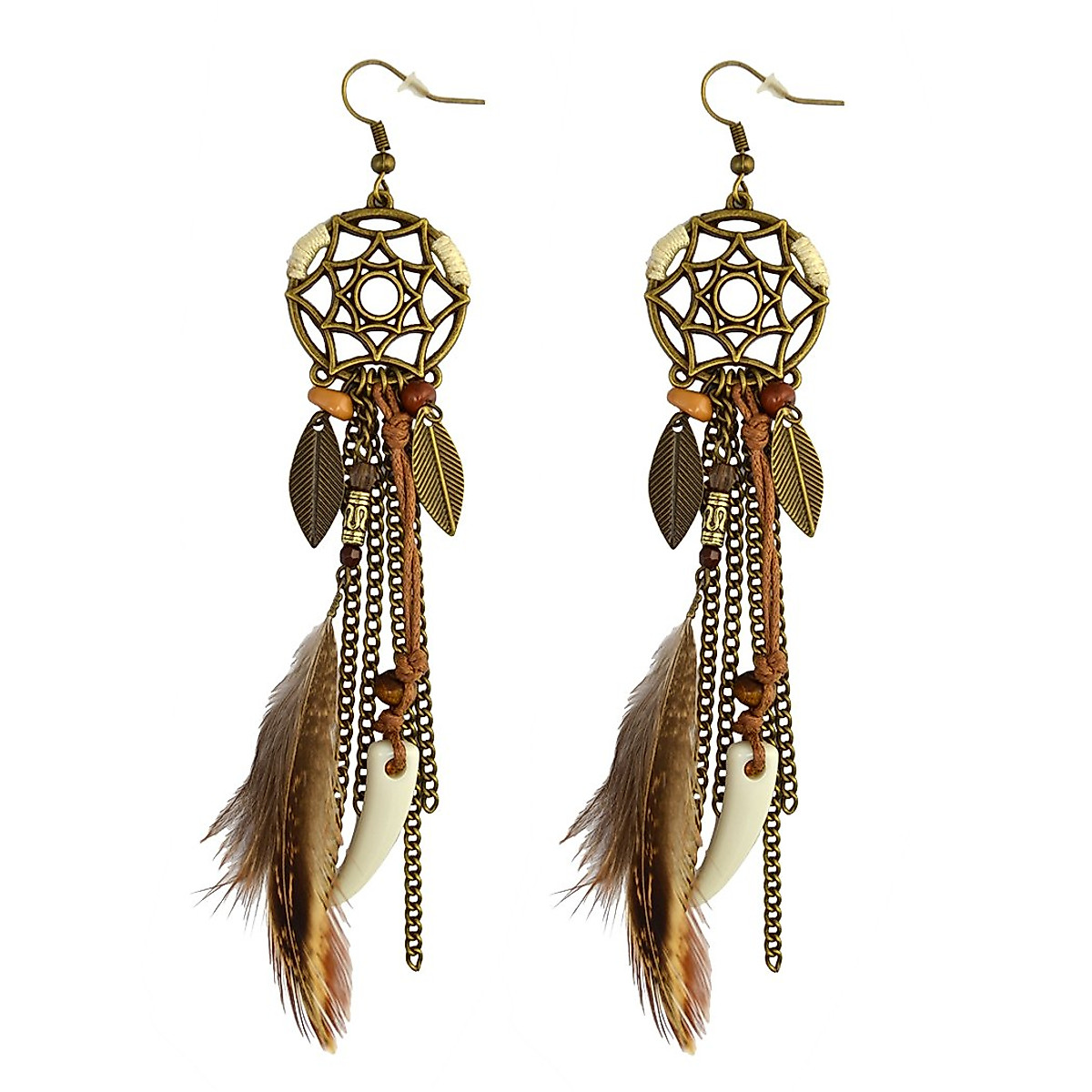 Punk Vintage Long Tassel Feather Beads Drop Wolf Tooth Pendant Earring Fish Hook Earrings (Brown A)