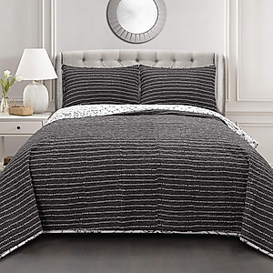 Lush Decor Charcoal King Monique 3 Piece Reversible Print Pattern Quilt Set