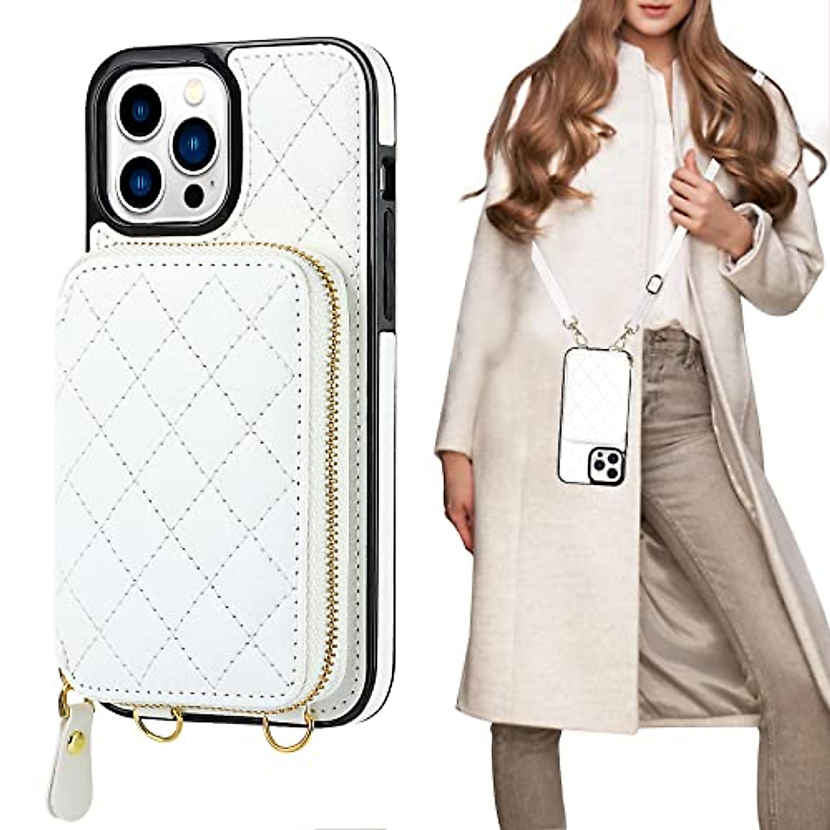 Bocasal Crossbody Wallet Case for iPhone 13 Pro Max, RFID Blocking PU Leather Zipper Handbag Purse Flip Cover, Kickstand Folio Case with Card Slots Holder Wrist Strap Lanyard 5G 6.7 Inch (White)