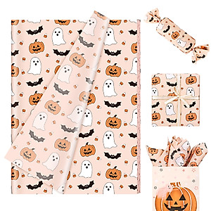 JarThenaAMCS 100 Sheets Halloween Tissue Paper Cute Pumpkin Ghost Bats Gift Wrapping Paper Orange DIY Art Craft Paper for Halloween Birthday Baby Shower Party Supplies, 13.7 x 19.6 Inch