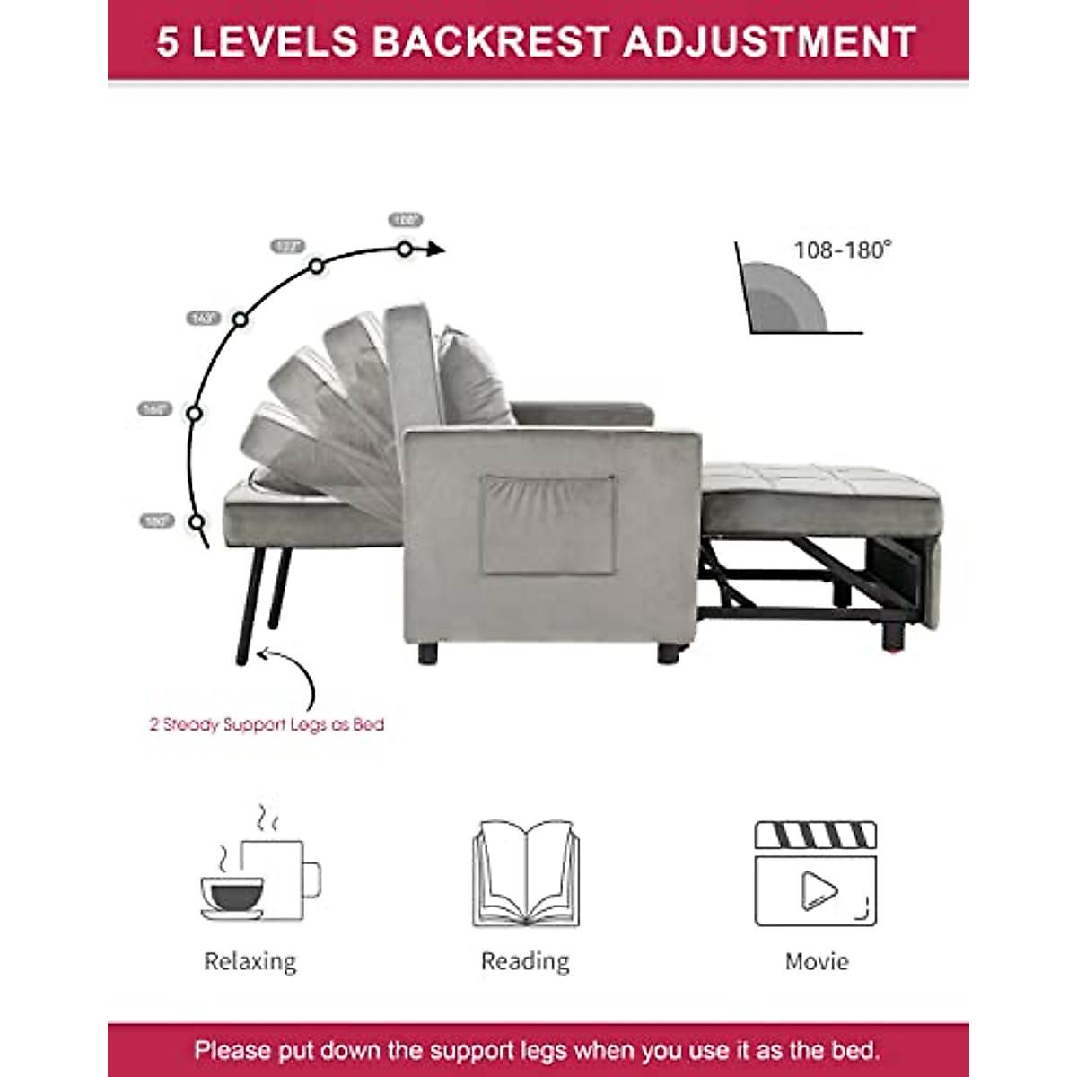Litbird Convertible Chair Sleeper Bed, Futon Chair Turns Into Bed, Sofa Chair for Living Room, 3 in 1, Imitation Flannel, Sky Gray
