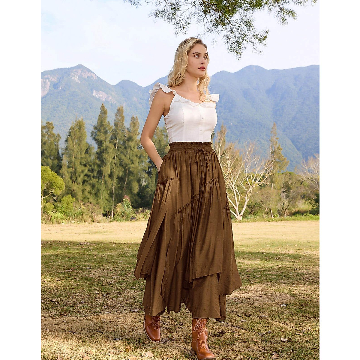 Scarlet Darkness Renaissance Skirt Women Ren Fair Costume High Waist Flowy Boho Skirt Brown M