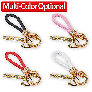 Worcas Car Keychain With Bling Rhinestones,eather Woven Keychain with anti loss telephone number plate,360 Degree Rotatable Universal Key Fob Keychain for all Cars(White-Gold)