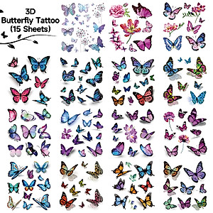 Cerlaza 3D Butterfly Tattoos Temporary, 120 Styles Butterfly Tattoos Stickers for Women and Girls, Realistic Semi Permanent Fake Tattoos for Adults, Butterfly Party Decorations