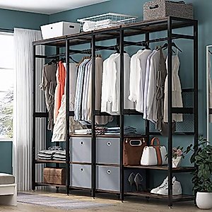 Tribesigns Freestanding Closet Organizer, Heavy Duty Clothes Closet, Extra Large Metal Garment Rack with Shelves and Hanging Rod, Vintage Walnut Board Finish & Black Metal Frame