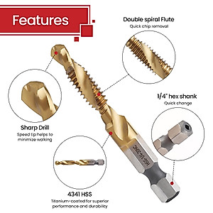 AIMLENTOOL 6PCS Combination Drill and Tap Bit Set, 3-in-1 Titanium Coated HSS Screw Tapping Bit for Drilling, Tapping and Deburring, SAE Size 6-32NC to 1/4-20NC, 1/4" Hex Shank and Storage Case