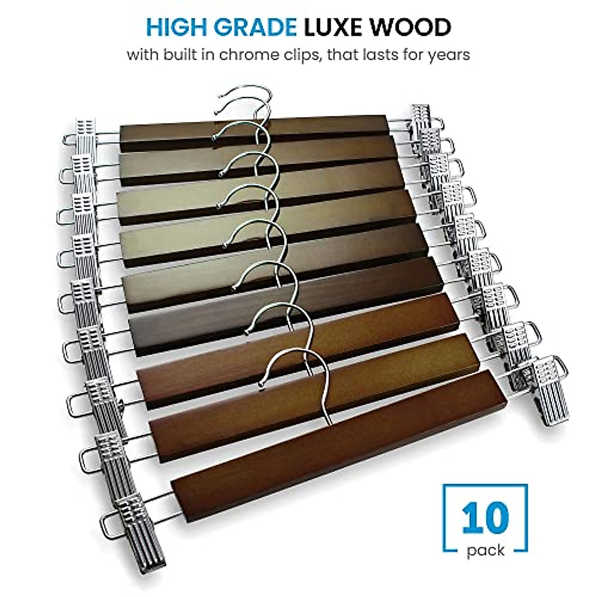 High-Grade Wooden Pants Hangers with Metal Clips Grip Clip Pants Hanger, Smooth Finish Solid Wood Jeans/Skirt Hanger, 360° Swivel Hook - Clip Hanger for Pant, Skirts, Slacks - 10 Pack, Vintage Wood