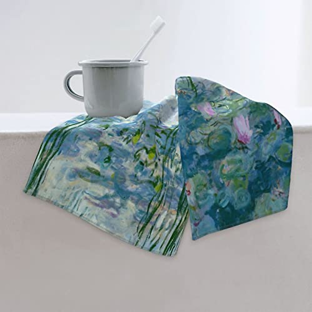 Snrfory Fingertip Towel, Monet Water Lilies Large Hand Towel for Bathroom Kitchen Spa (15.7x27.5 Inch)