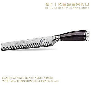 KESSAKU 12-Inch Slicing Carving Knife - Ronin Series - Granton Edge - Forged High Carbon 7Cr17MoV Stainless Steel - Pakkawood Handle with Blade Guard
