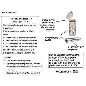 Very High Level Hydrogen Peroxide H2O2 Test Strips, 2-10%, Time Based Test [Vial of 50 Strips]