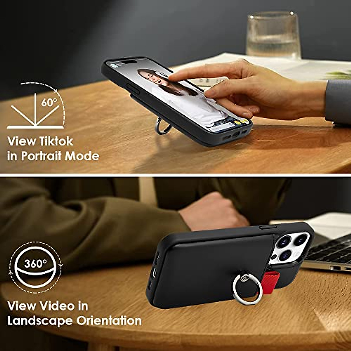 LAMEEKU Compatible with iPhone 13 Pro Max Wallet Case with Card Holder, 360° Rotation Ring Holder Stand, PU Leather Kickstand Card Slots Case, Protective Cover for Apple iPhone 13 Pro Max 6.7'' Black