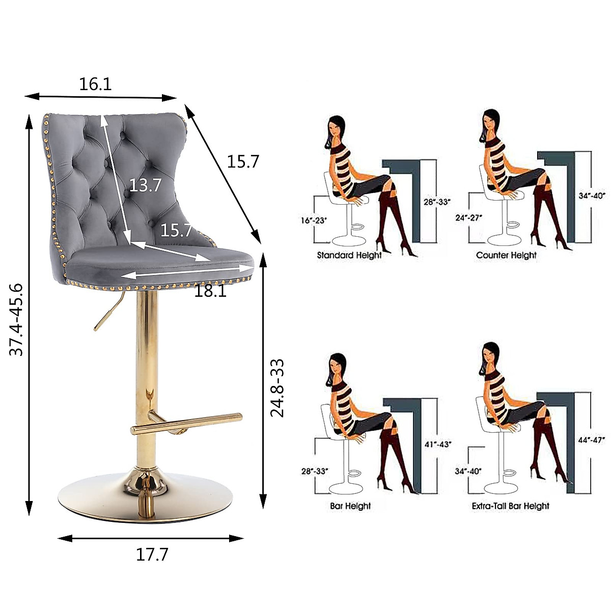 Aoowow Swivel Bar Stools Set of 4,Adjustable Barstools with Back Velvet Tufted Counter Stools Modern Upholstered Bar Chairs with Nailhead for Kitchen Island Restaurant Pub Counter