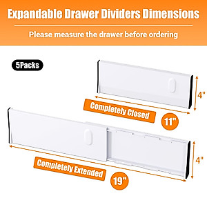 RoomHacks 5 Pack Drawer Dividers for Clothes, 11-19" Expandable Dresser Organizers for Bedroom & Office, Plastic Adjustable Drawer Dividers Organization for Kitchen & Bathroom Storage