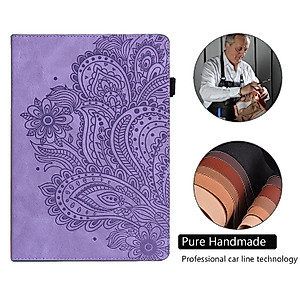 UUcovers for Kindle Fire HD 8 Case 8th/7th/6th Generation (2016/2017/2018) with Stand/Pencil Holder/Pockets [Embossed Pattern] PU Leather Folio Magnetic Wallet Shockproof Cover, Purple Peacock Flower