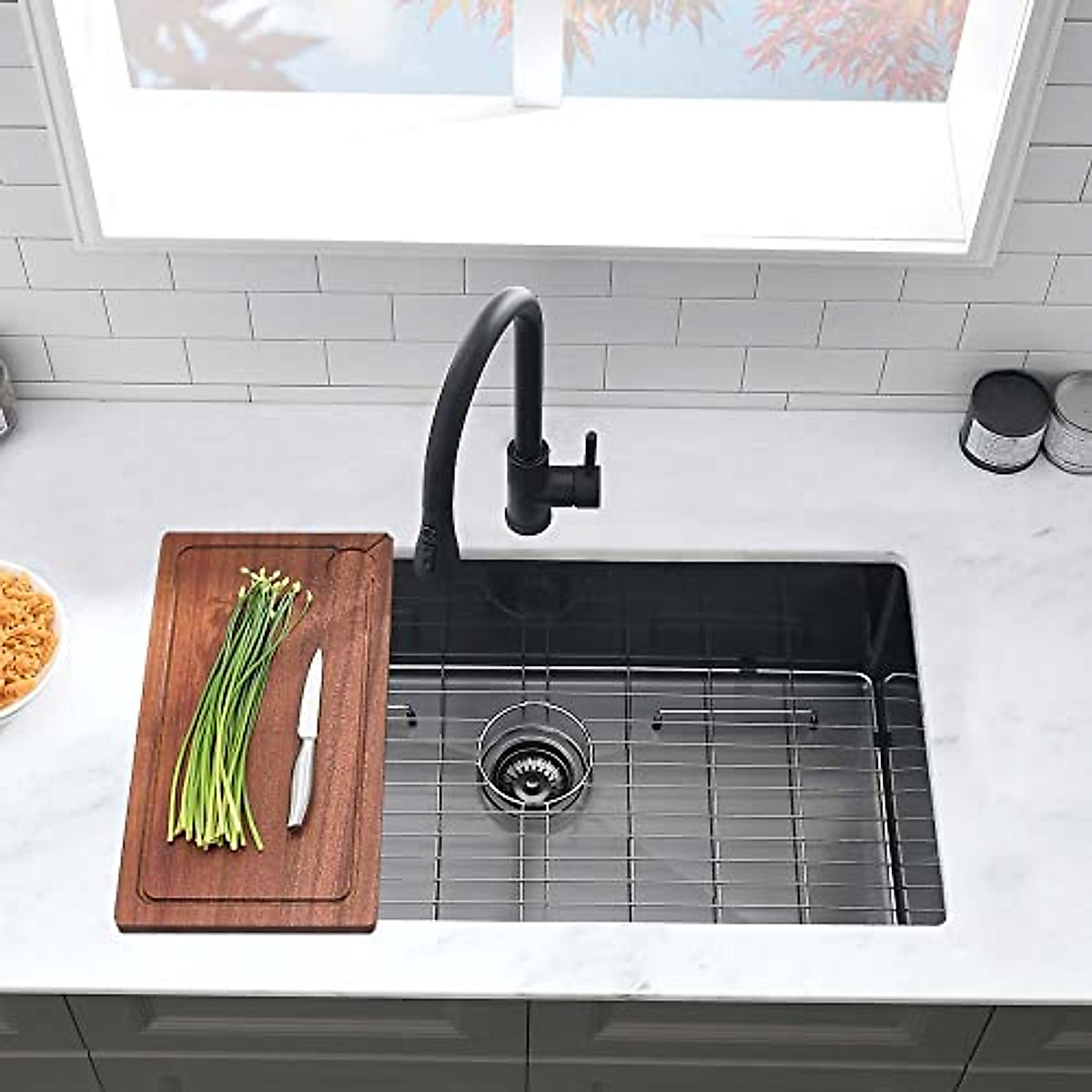 28 Inch Matte Black Kitchen Sink Undermount, Wesliv 28x19 Inch Undermount Matte Black Kitchen Sink 16 Gauge Deep Large Single Bowl Kitchen Sink with Cutting Board & Bottom Rinse Grid