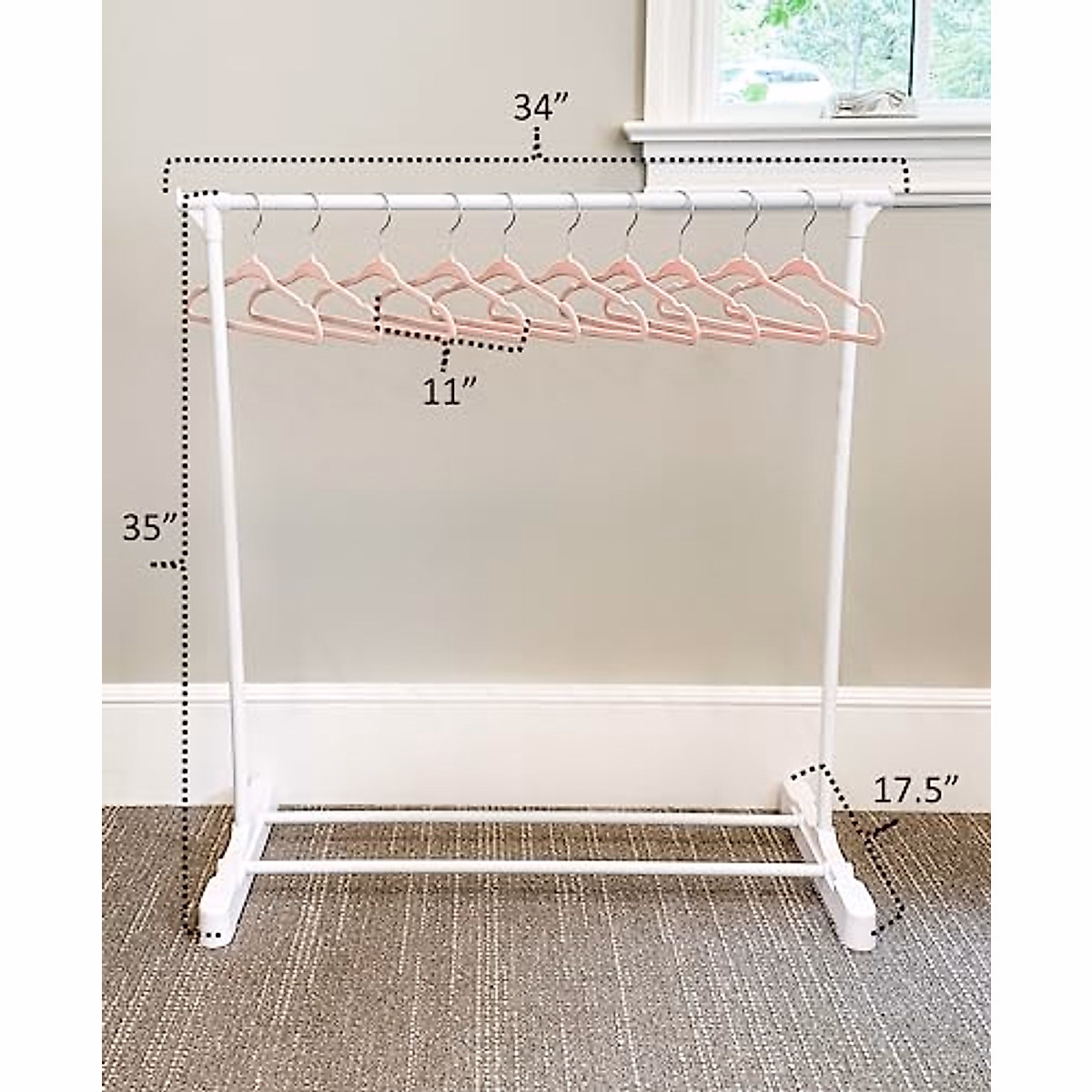 Childrens Garment Rack- Kids Closet Organizer- Kids Clothing Rack with 10 Hangers & Opt. Wheels (Includes 10 Pink Childrens Velvet Hangers)