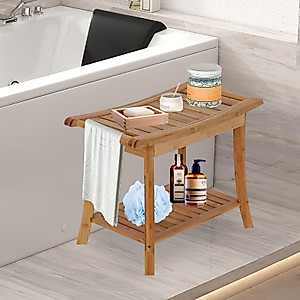 Kinsuite Bamboo Wooden Shower Bench Seat Bathroom Shower Chair with Storage Shelf Organizer Stool Indoor Bathing Bench for Inside Shower