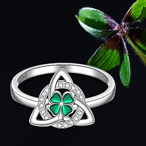 St Patricks Day Shamrock Ring Clover Ring for Women Sterling Silver Clover Rings Green Irish Lucky Friendship Leaf Celtic Knot Cubic Zirconia Triangle Jewelry Size 8