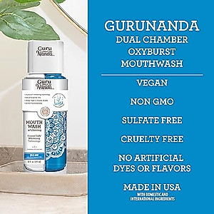GuruNanda Dual Barrel Oxyburst Whitening Mouthwash - Contains Hyrodgen Peroxide to Promote Whiter Teeth - Alcohol & Fluoride Free Rinse with 100% Natural Essential Oils, Wild Mint Flavor - 20 Flz Oz