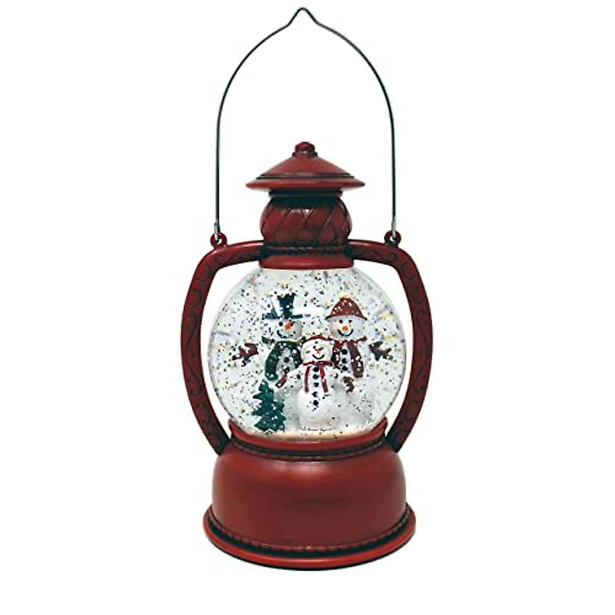Christmas Decor Lighted Spinning Lantern Snowglobe with Snowman Family Scene, Red, Battery Operated (not included) - 7.6" H x 4.2" W x 5.2" D