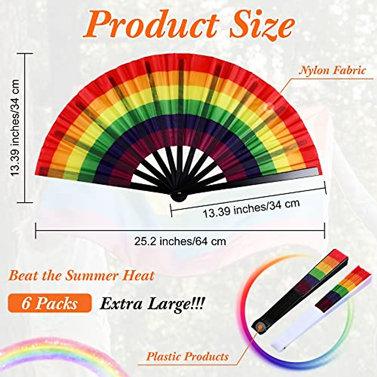 Geetery 6 Pcs Large Rainbow Folding Hand Gay Fan LGBT Fans Festival Pride Rainbow Fans for Women Men Rainbow Dance Party, Music Festival, Dance Club Event Supplies (Black, White)