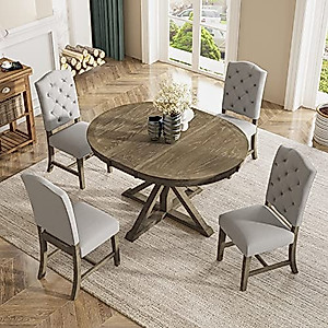 Woanke 5 Piece Functional Furniture Retro Style Set with Extendable Table and 4 Upholstered Chairs for Dining Living Room, Natural Wood Wash