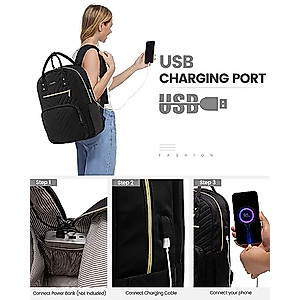 LOVEVOOK Quilted Laptop Backpack for Women, Large Capacity Travel Backpack with Luggage Strap, Stylish Women Backpack with USB Port, Waterproof Anti-Theft Work Backpack for Business Casual Black