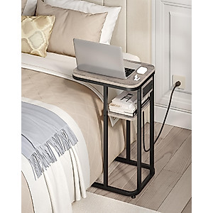 CHOEZON C-Shaped Side Table, Small End Table with Charging Station, Sofa Side Table for Couch with Outlet and USB Ports, for Small Spaces, for Bedroom, Living Room, Greige and Black TSF02UBH