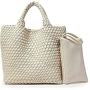 HDHTB Woven Tote Bag, Women Macaron Soft Leather Weave Handbag Purse Wrist Bag Large Capacity Work Shopping Travel Daily (Beige)