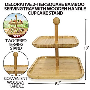 Decorative 2-Tier Square Bamboo Serving Tray with Wooden Handle - Cupcake Stand - Home Decor for Kitchen Counter, Dining Room Table, and Coffee Bar - 9.5" x 9.5" x 10"