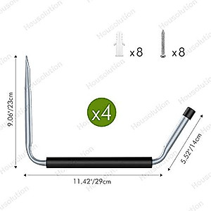 Housolution Heavy Duty Jumbo Arm Garage Hooks Set, 4 Pack Steal Utility Hooks Garage Storage Organizer Garden Hangers Wall Mount Cradle Set with 8PCS Screws and Anchors, Gray + Black Mat