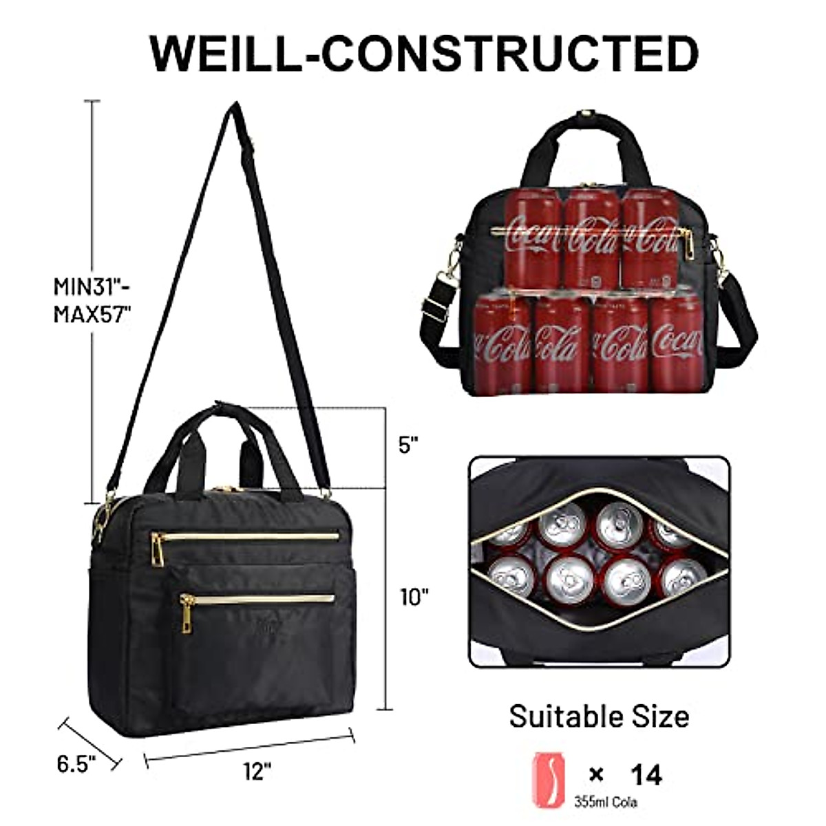 MIER Women's Lunch Totes Stylish Insulated Adult Lunchbox Bag with Shoulder Strap-Resuable Lunch Bag, Multiple Pockets, Black